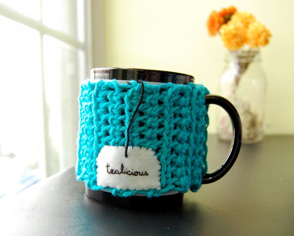 Personalized Tea Coffee Mug Cozy - Vibrant Blue Crocheted Cup Cosy on ...