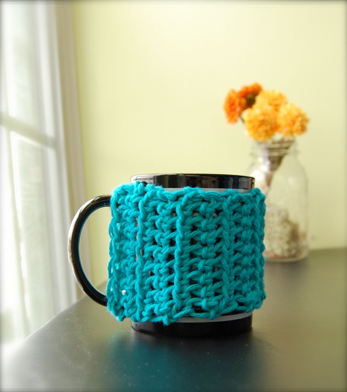 Personalized Tea Coffee Mug Cozy - Vibrant Blue Crocheted Cup Cosy on ...